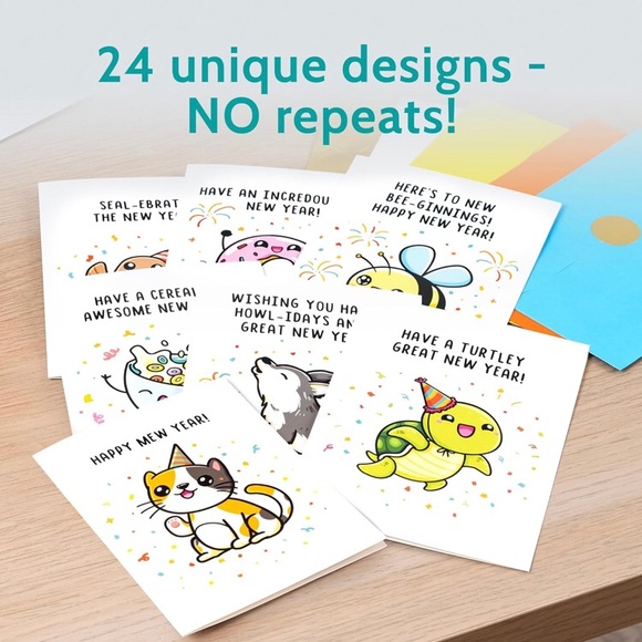t marie | Office | 24 Funny Happy New Year Cards Set With Envelopes And ...